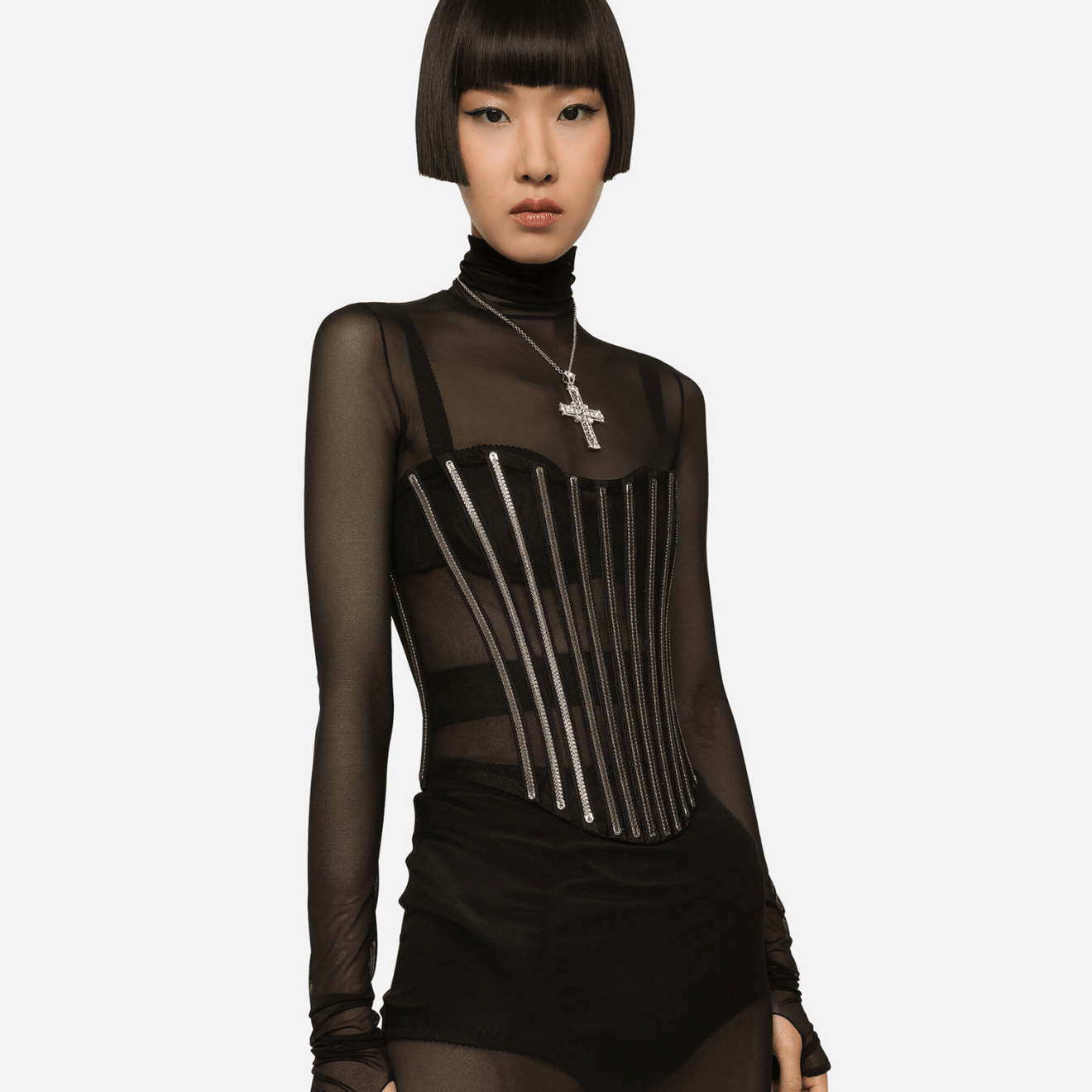 Black Mesh fabric Overbust bustier corset top - Women Corset